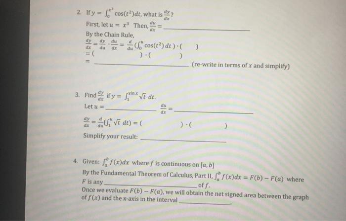 Solved 2. Ify = f** cos(t?)dt, what is all? First, let u = x | Chegg.com