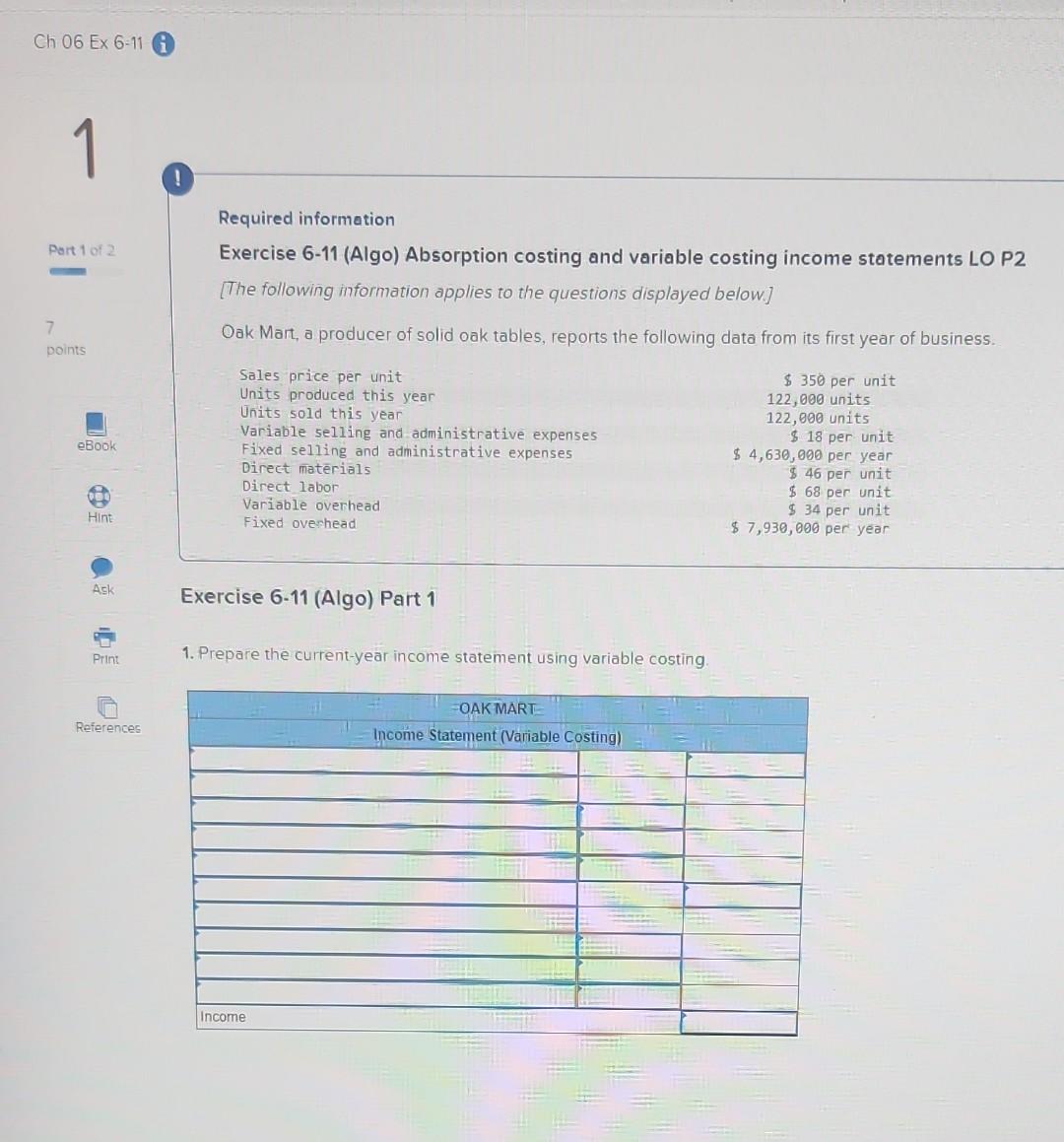 Solved Required information Exercise 6-11 (Algo) Absorption | Chegg.com