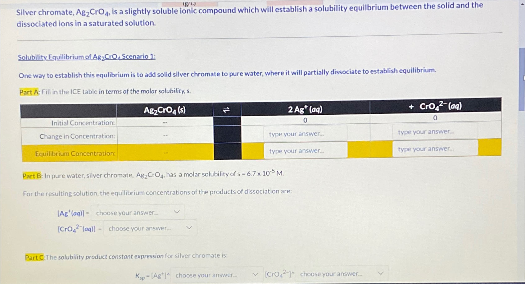 Solved Silver chromate, Ag2CrO4, ﻿is a slightly soluble | Chegg.com
