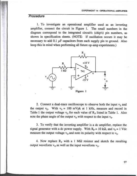 EXPERIMENT 14 - OPERATIONAL AMPLIFIER Procedure 1. To | Chegg.com