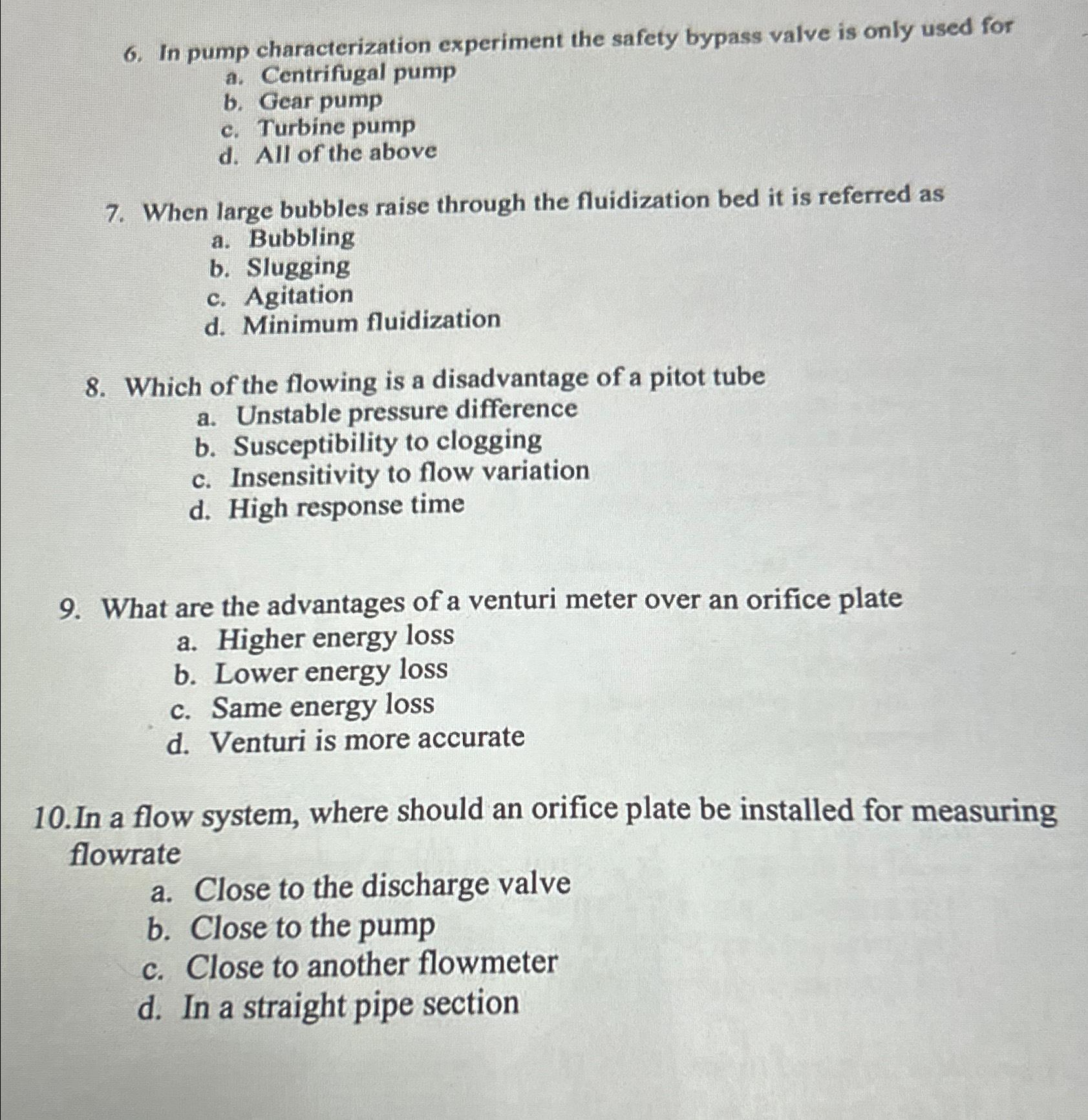 Solved In pump characterization experiment the safety bypass | Chegg.com