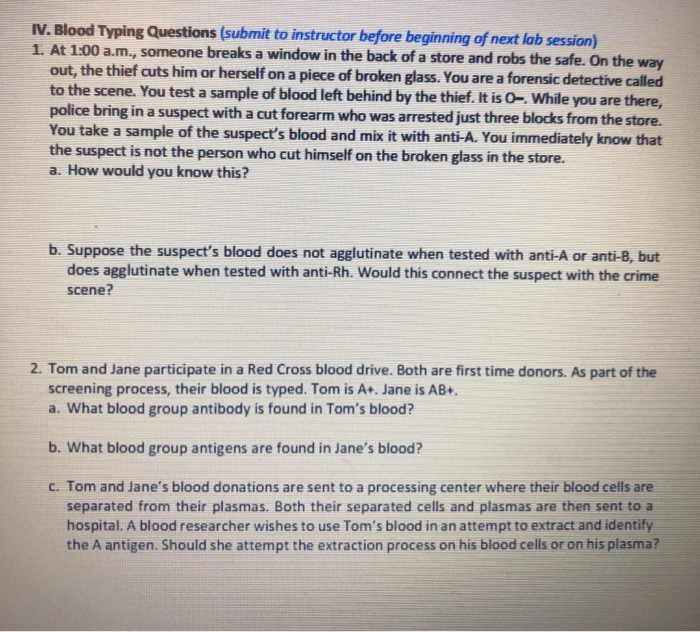 Solved IV. Blood Typing Questions (submit to instructor | Chegg.com