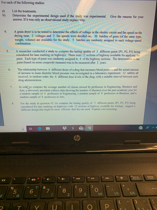 Solved For each of the following studies: a) b) List the | Chegg.com