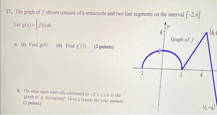 Solved 7. The graph of f shown consists of a semicircle and | Chegg.com