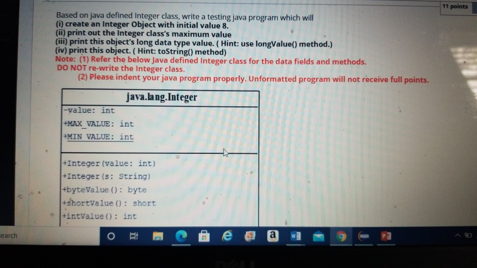 Solved 11 points Based on java defined Integer class, write | Chegg.com