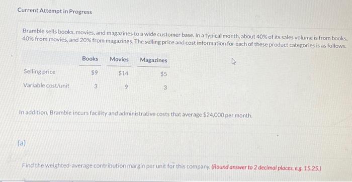 Solved Current Attempt in Progress Bramble sells books, | Chegg.com