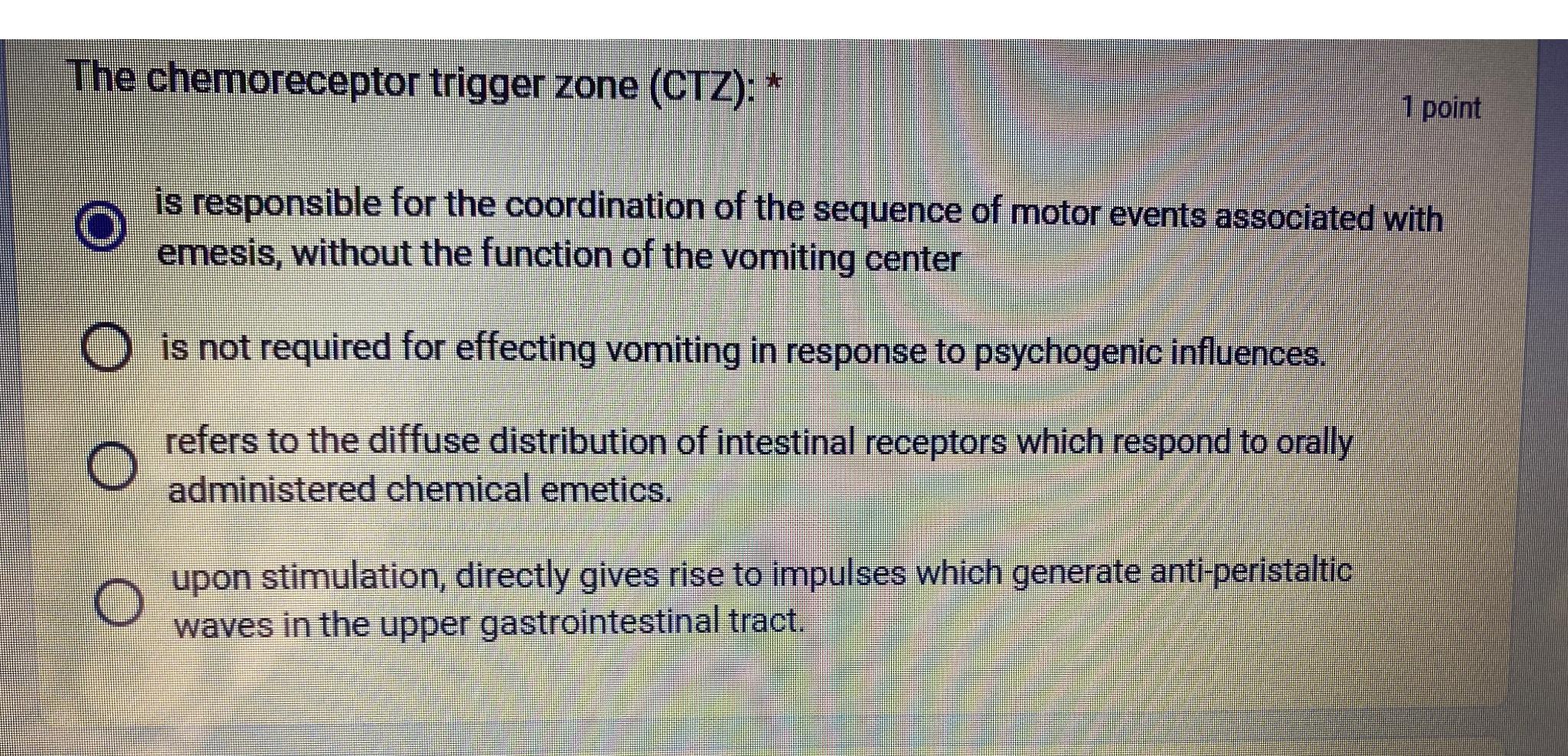 Solved The chemoreceptor trigger zone (CTZ): *1 ﻿pointis | Chegg.com