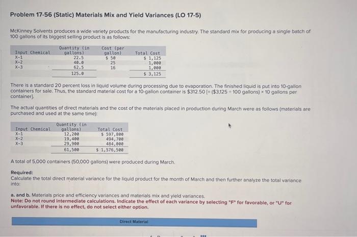 Solved Problem 17-56 (Static) Materials Mix and Yield | Chegg.com