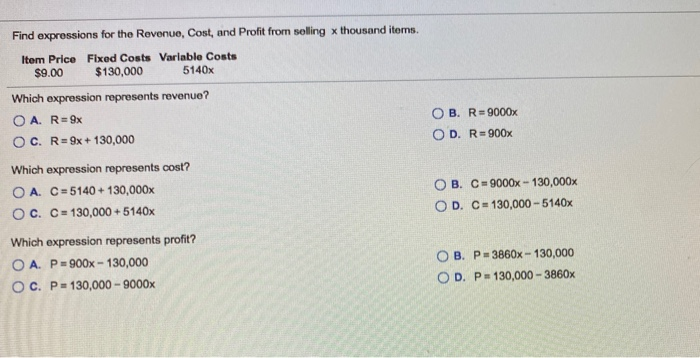 Solved Find expressions for the Revenue, Cost, and Profit | Chegg.com