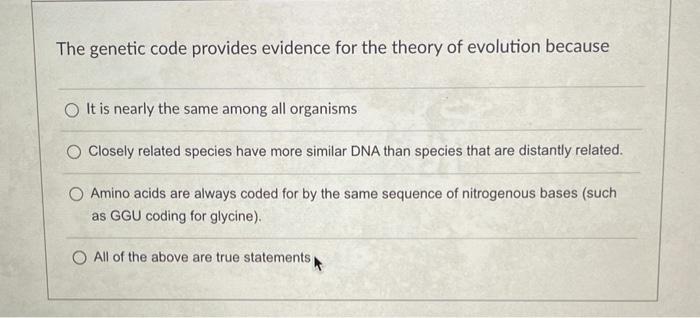 Solved The genetic code provides evidence for the theory of | Chegg.com