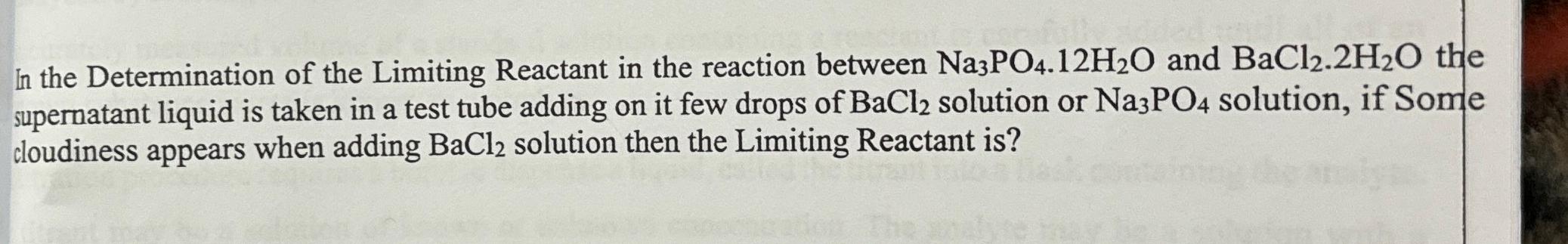 Solved In the Determination of the Limiting Reactant in the | Chegg.com