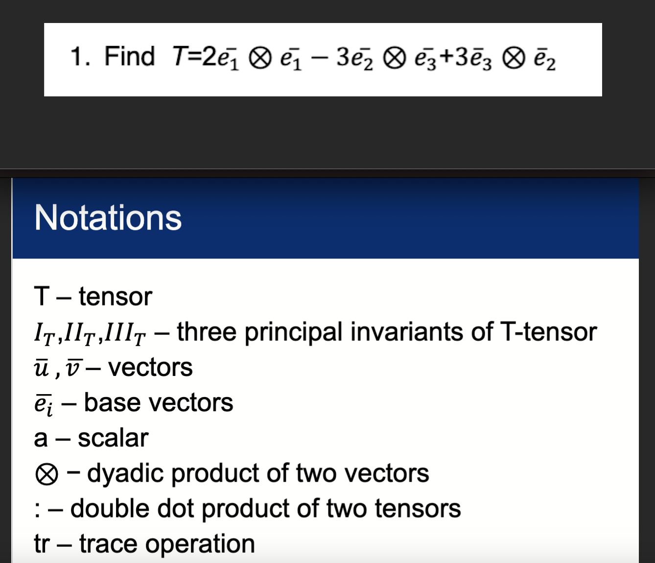 Solved T - ﻿tensorIT,IIT,IIIT- ﻿three principal invariants | Chegg.com