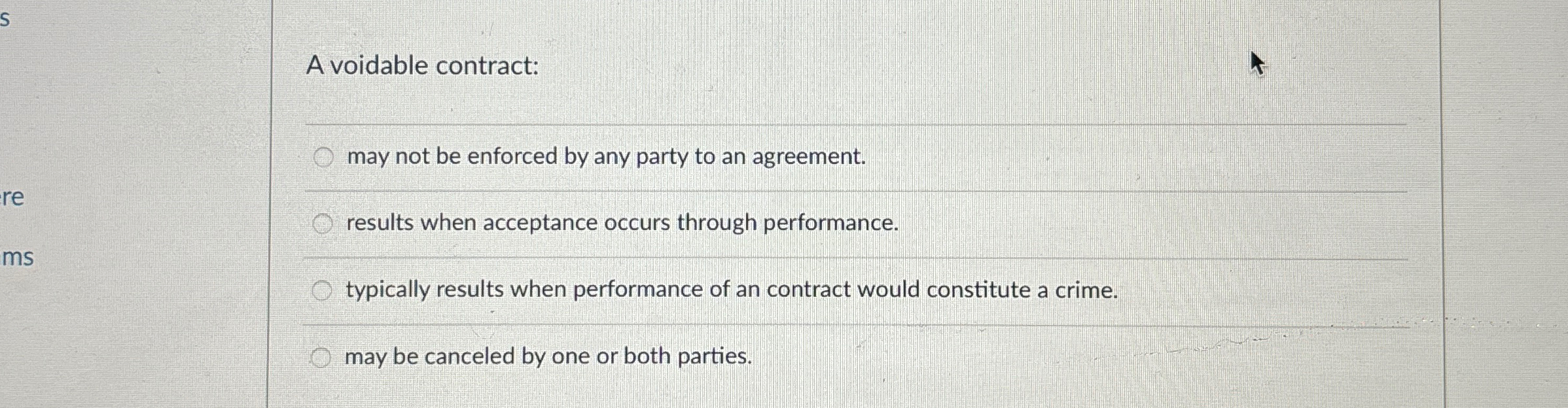 Solved A voidable contract:may not be enforced by any party | Chegg.com