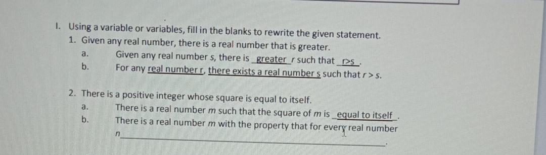 Solved 1. Using a variable or variables, fill in the blanks | Chegg.com