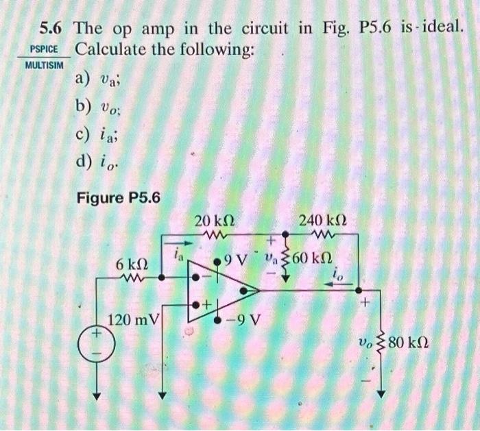 Solved 5.6 The op amp in the circuit in Fig. P5.6 is ideal. | Chegg.com