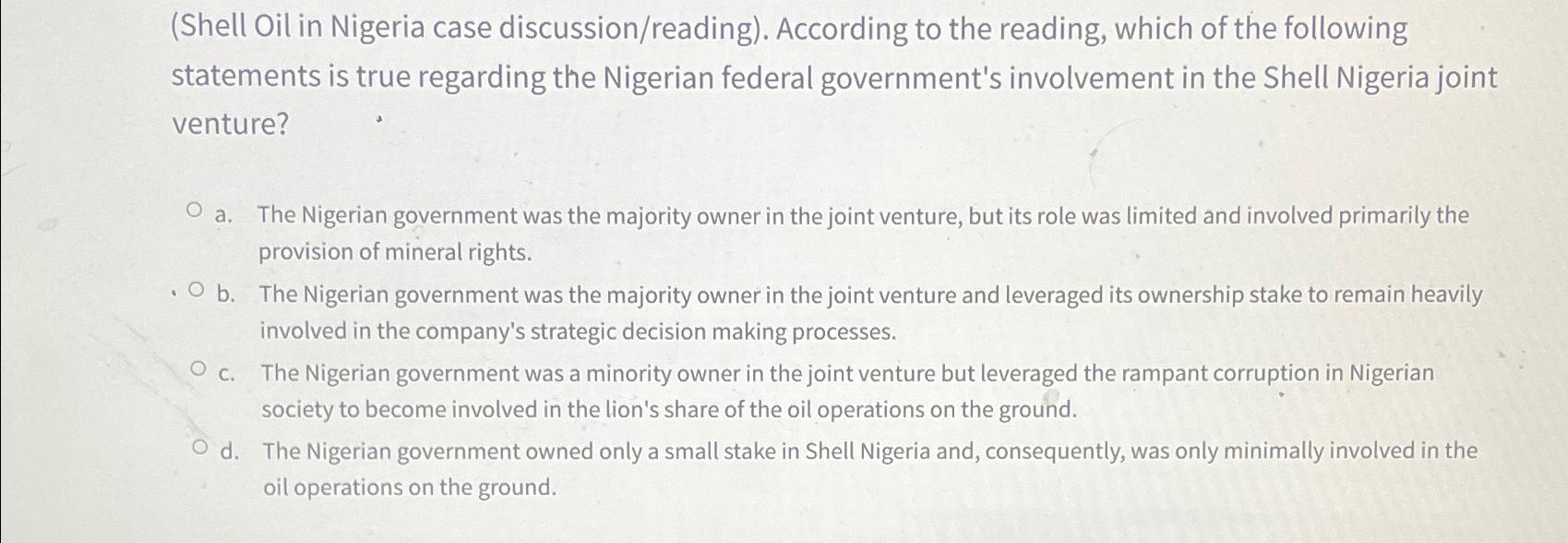 Solved (Shell Oil in Nigeria case discussion/reading). | Chegg.com