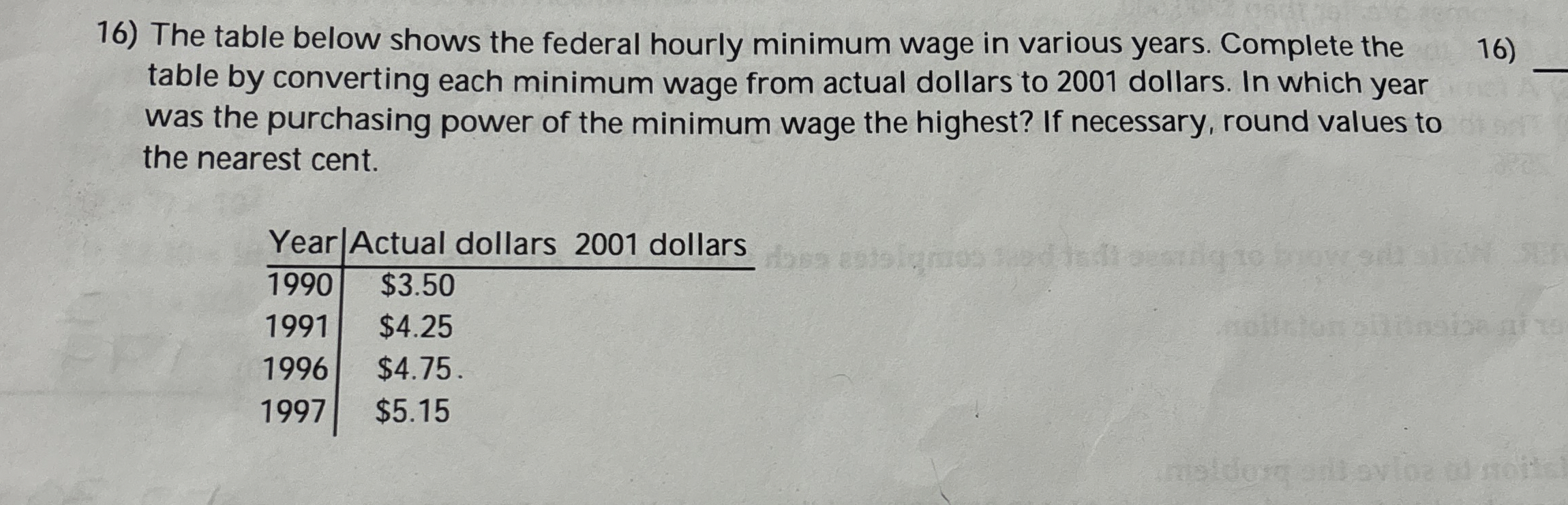 Solved The table below shows the federal hourly minimum wage | Chegg.com