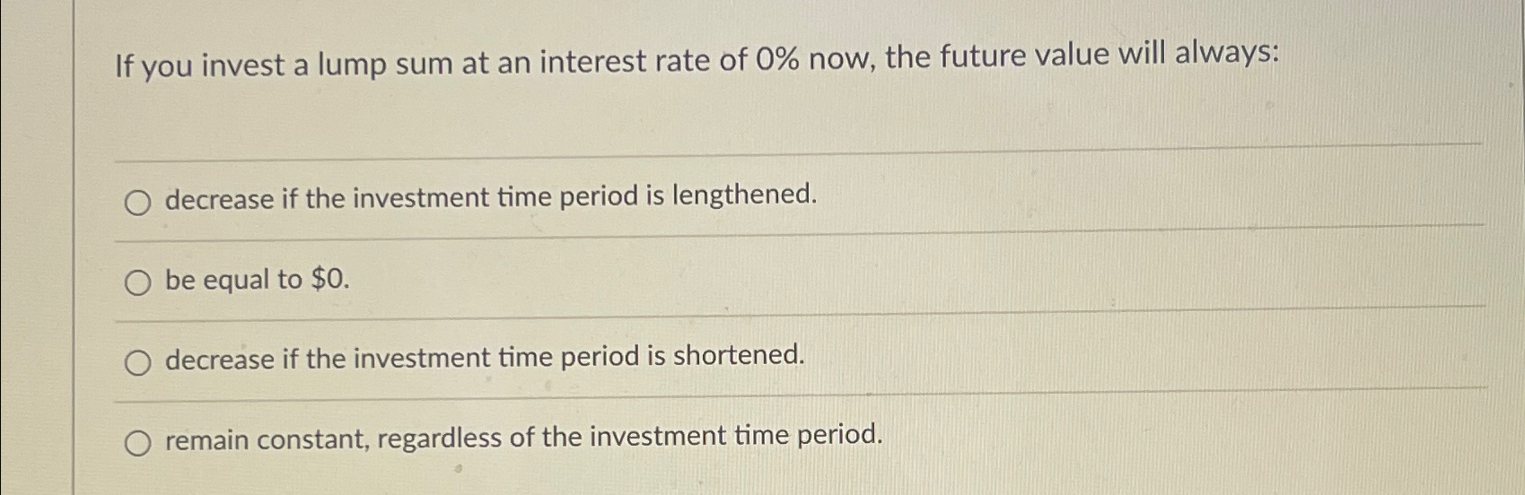 Solved If you invest a lump sum at an interest rate of 0% | Chegg.com