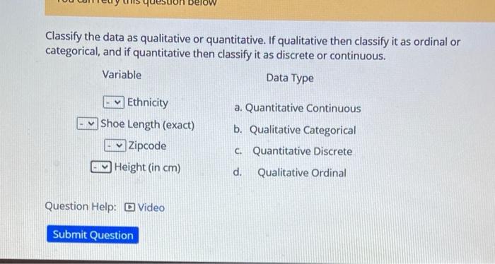 Solved below Classify the data as qualitative or | Chegg.com