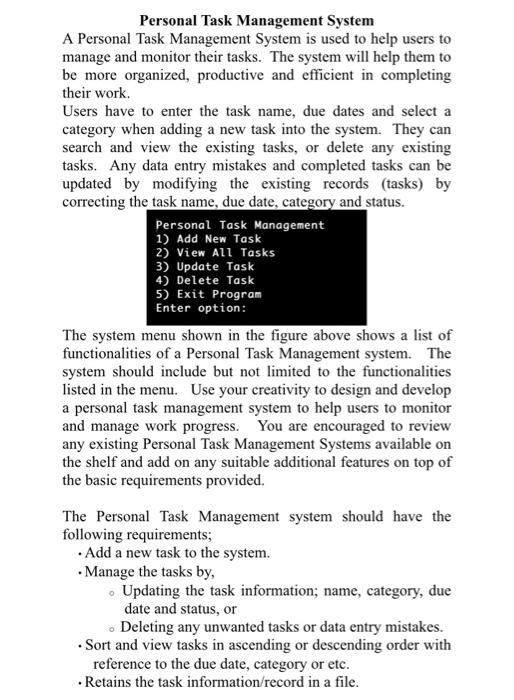 Solved Personal Task Management System A Personal Task | Chegg.com