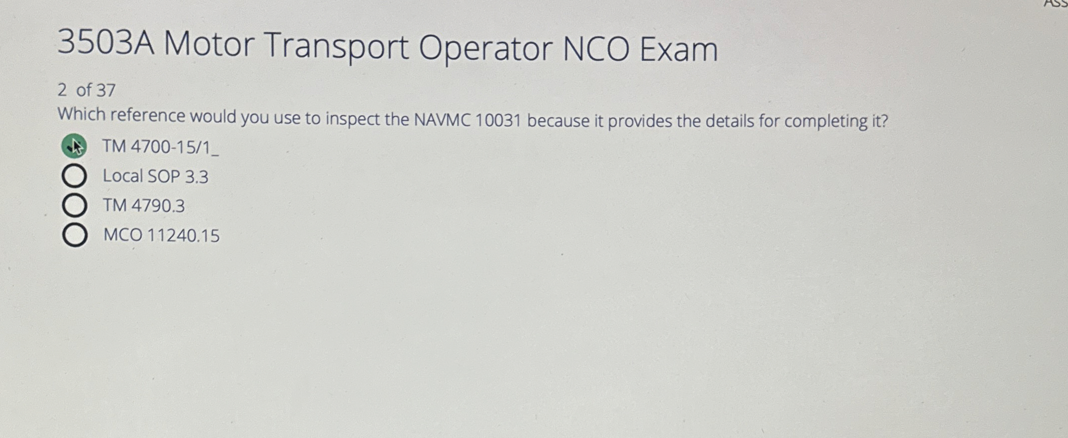 Solved 3503A Motor Transport Operator NCO Exam2 ﻿of 37Which | Chegg.com