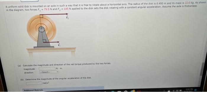 Solved A uniform solid disk is mounted on an axle in such a | Chegg.com