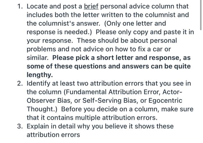 1. Locate and post a brief personal advice column | Chegg.com