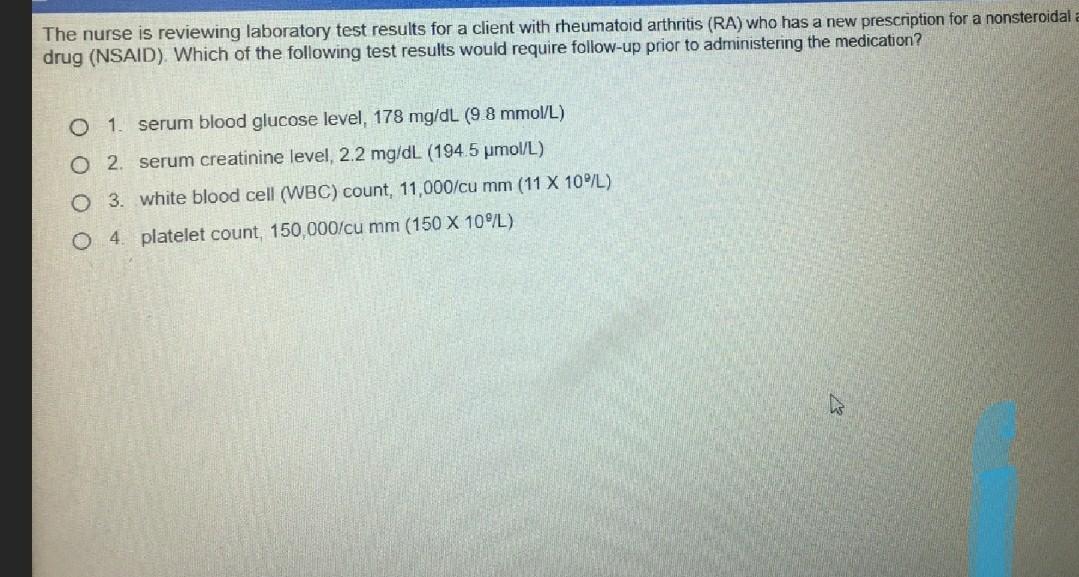 Solved The nurse is reviewing laboratory test results for | Chegg.com