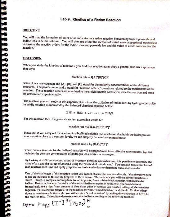 Lab 9. Kinetics of a Redox Reaction OBJECTIVE You | Chegg.com