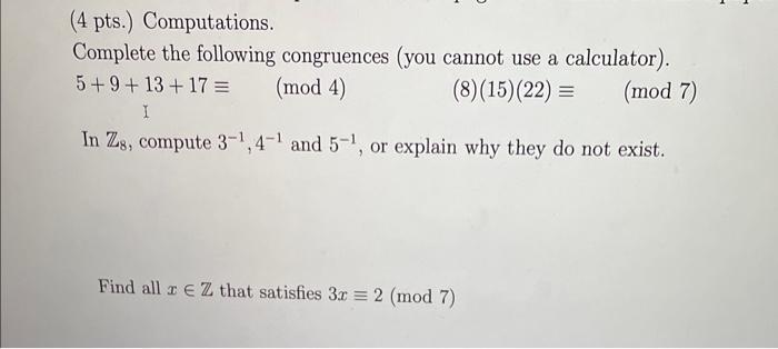 Solved (4 pts.) Computations. Complete the following | Chegg.com