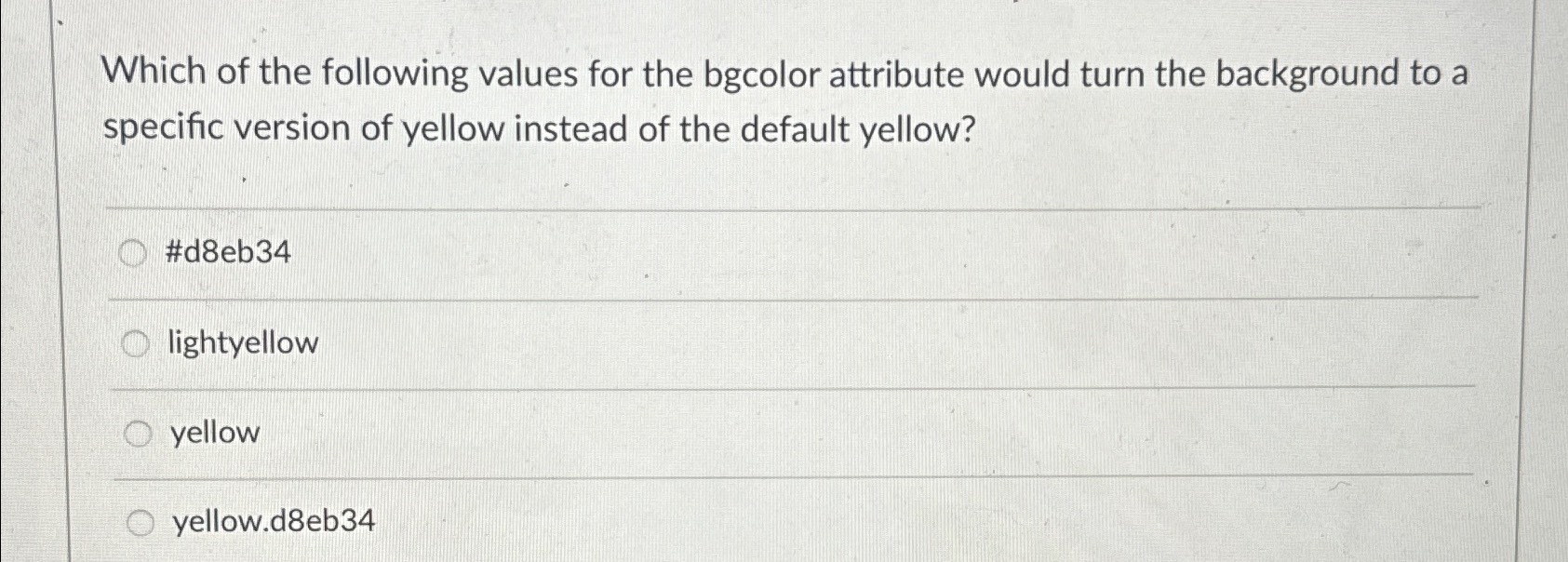Solved Which of the following values for the bgcolor | Chegg.com