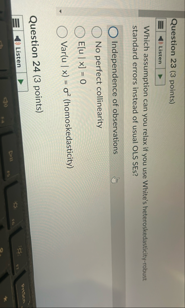 Solved Question 23 (3 ﻿points)ListenWhich assumption can you | Chegg.com