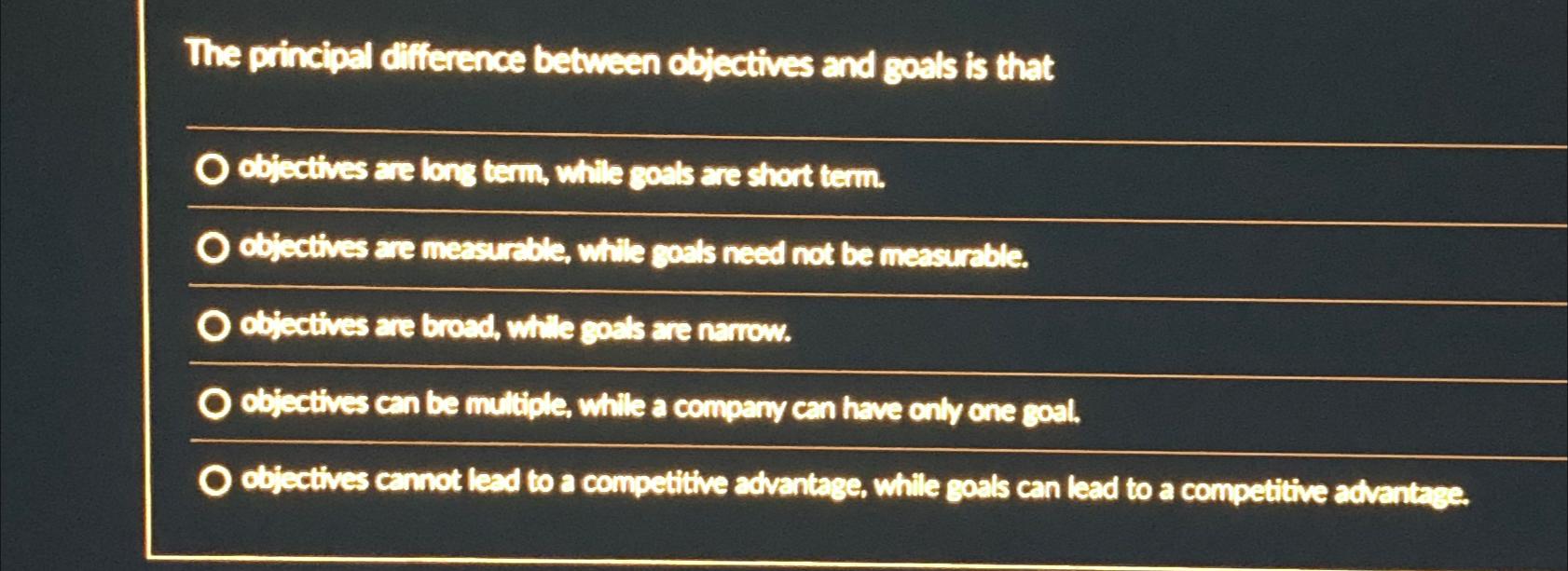 Solved The principal difference between cbjectives and goals | Chegg.com