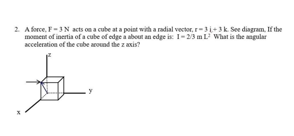Solved 2. A force, F = 3 N acts on a cube at a point with a | Chegg.com