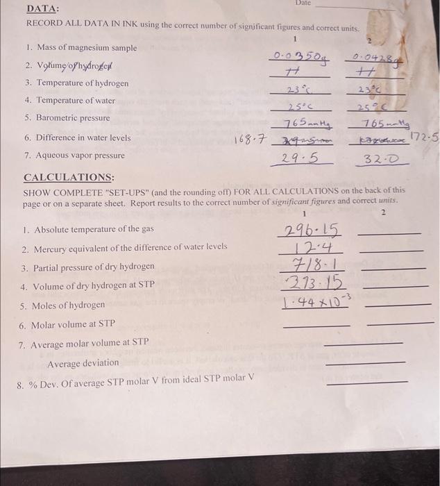 Solved DATA: RECORD ALL DATA IN INK using the correct number | Chegg.com
