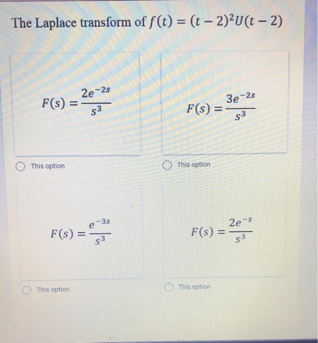 Solved The Laplace transform of f(t) = (t - 2)2U(t - 2) | Chegg.com