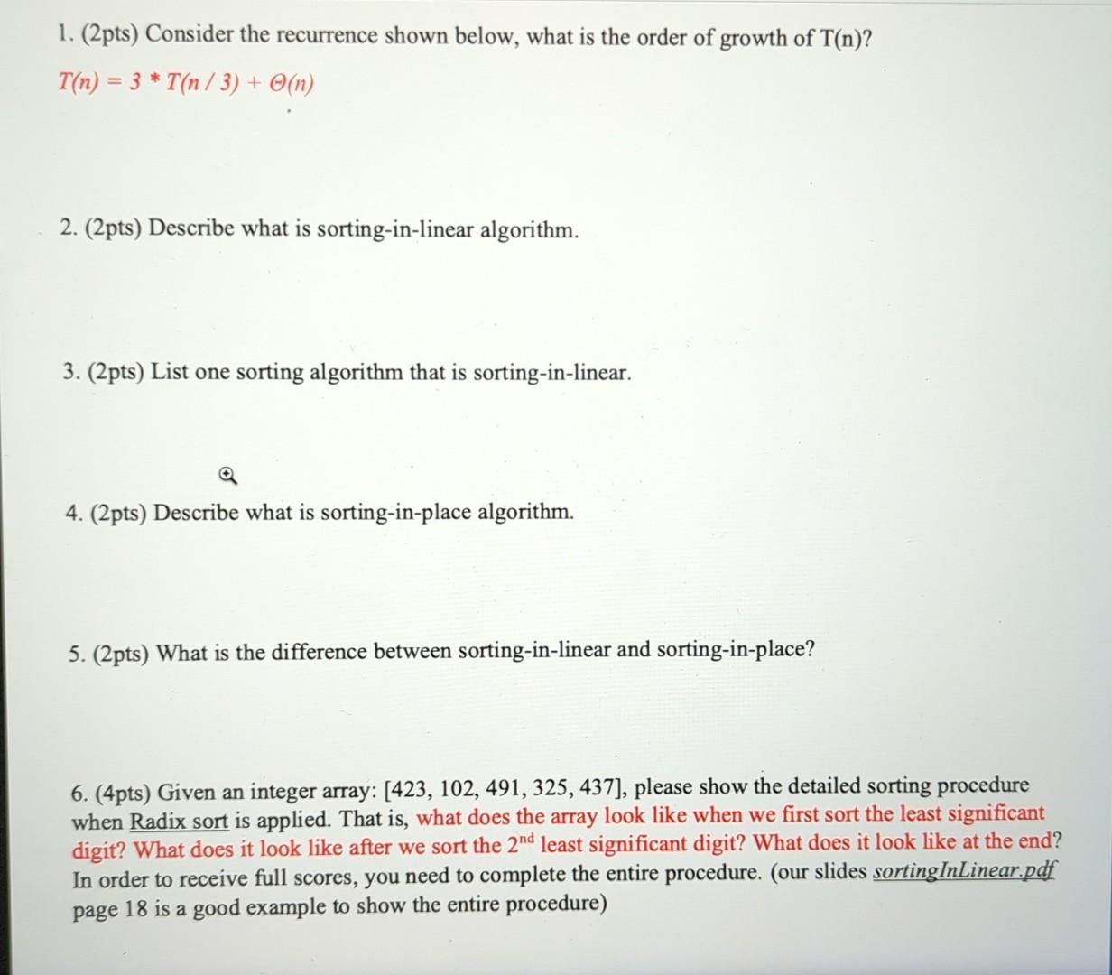 Solved 1. (2pts) Consider the recurrence shown below, what | Chegg.com
