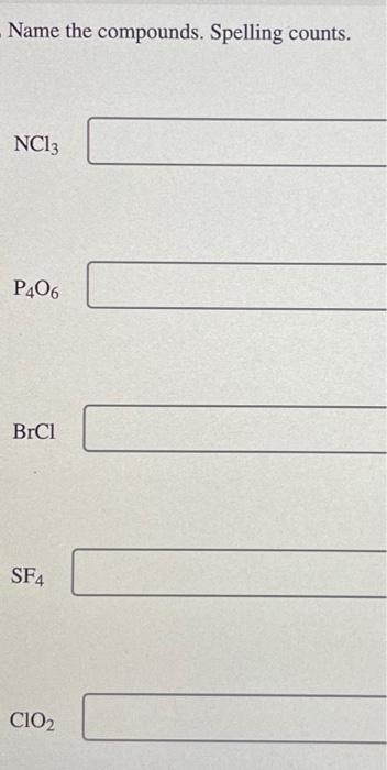 Solved Name the compounds. Spelling counts. NCl3 P4O6 | Chegg.com