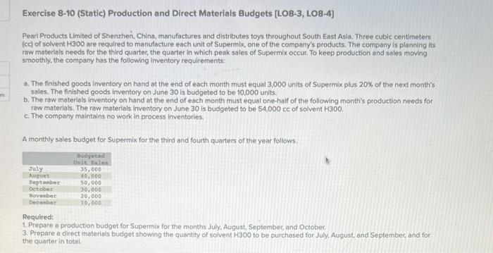 Solved Exercise 8-10 (Static) Production and Direct | Chegg.com