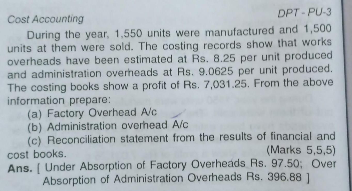 Solved Cost Accounting DPT−PU−3 During the year, 1,550 units | Chegg.com
