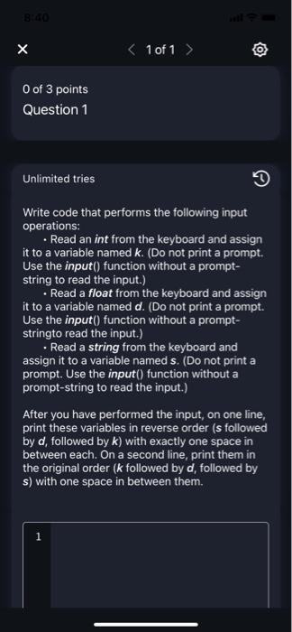 Solved 0 Of 3 Points Question 1 Unlimited Tries Write Code