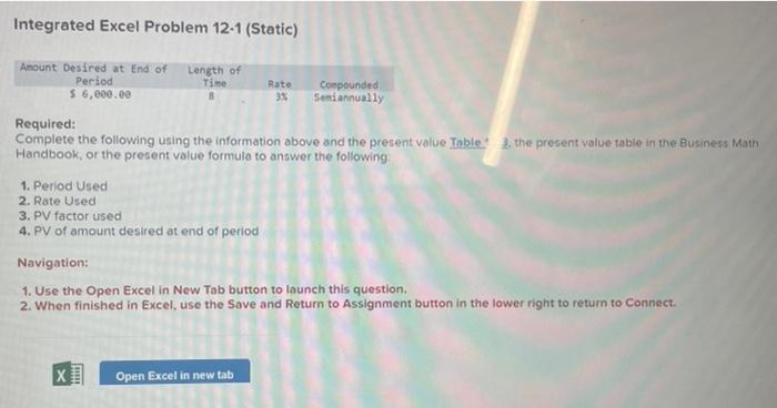 Solved Integrated Excel Problem 12-1 (Static) Required: | Chegg.com