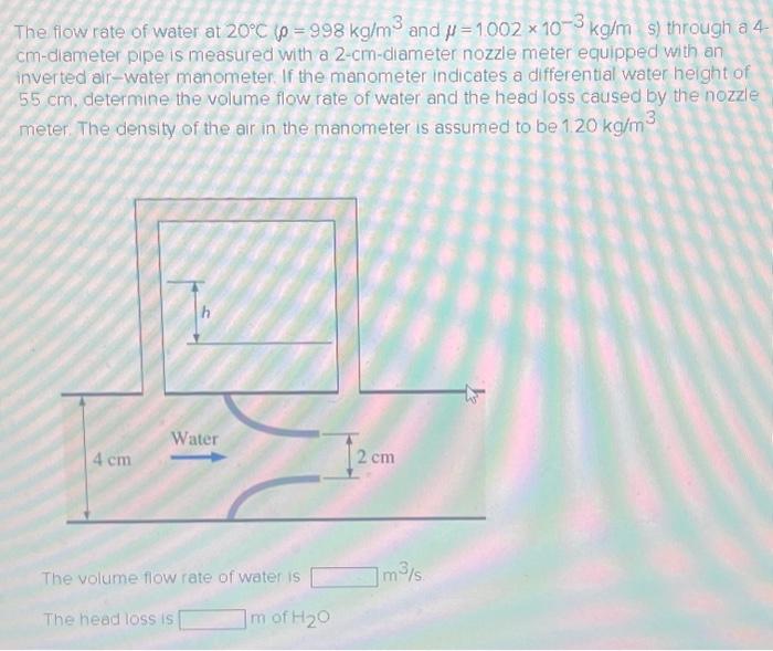 Solved The flow rate of water at 20∘C(ρ=998 kg/m3 and | Chegg.com