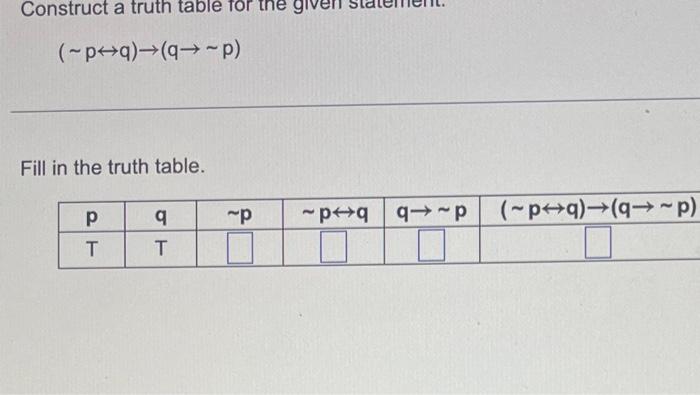 Solved (∼p↔q)→(q→∼p) Fill in the truth table. | Chegg.com