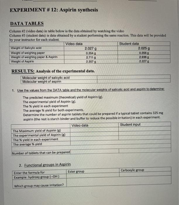 Solved EXPERIMENT # 12: Aspirin synthesis DATA TABLES Column | Chegg.com