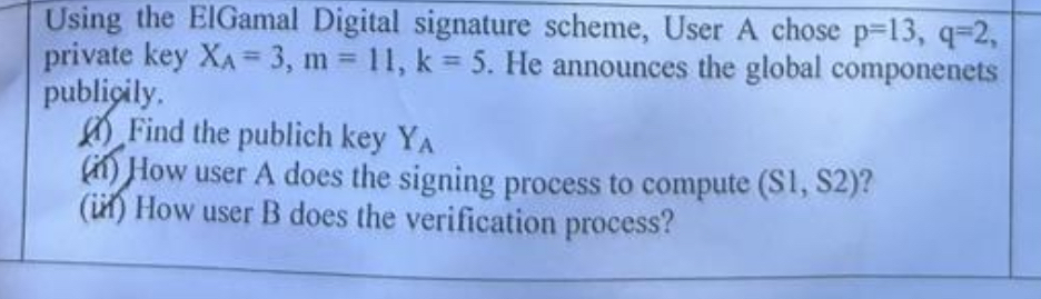 Using the ElGamal Digital signature scheme, User A | Chegg.com