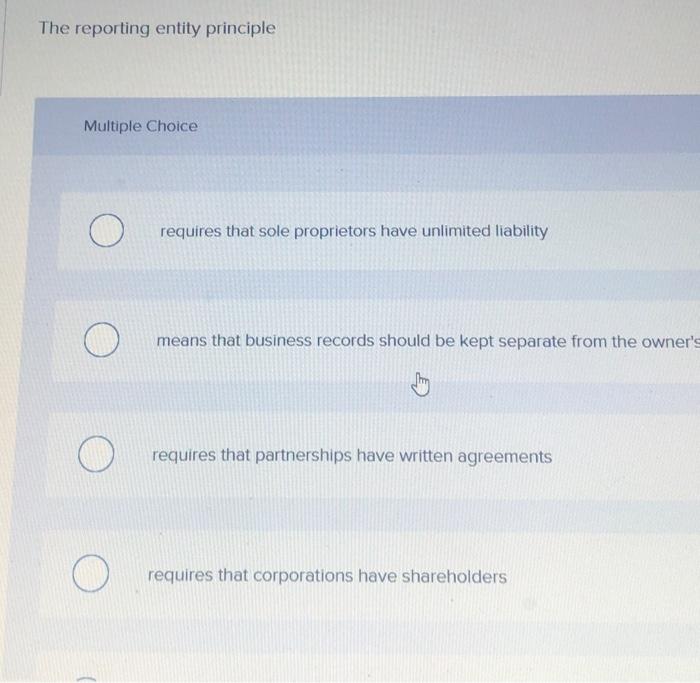 Solved The reporting entity principle Multiple Choice O | Chegg.com