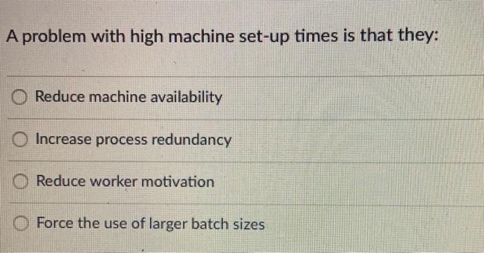 Solved A problem with high machine set-up times is that | Chegg.com