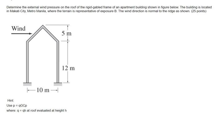 Solved Determine the external wind pressure on the roof of | Chegg.com