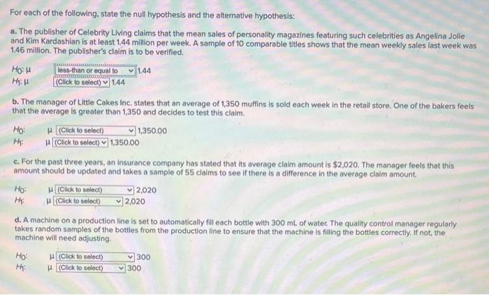 Solved For each of the following, state the null hypothesis | Chegg.com